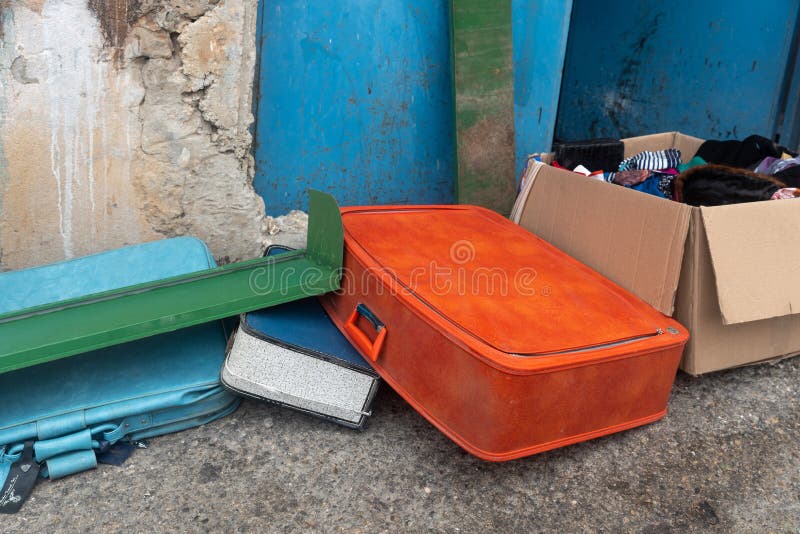 Old Red Discarded Suitcase in the Garbage Stock Image - Image of ...