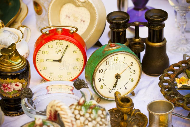 Old Red and Green Metal Table Clocks Stock Photo - Image of desk ...