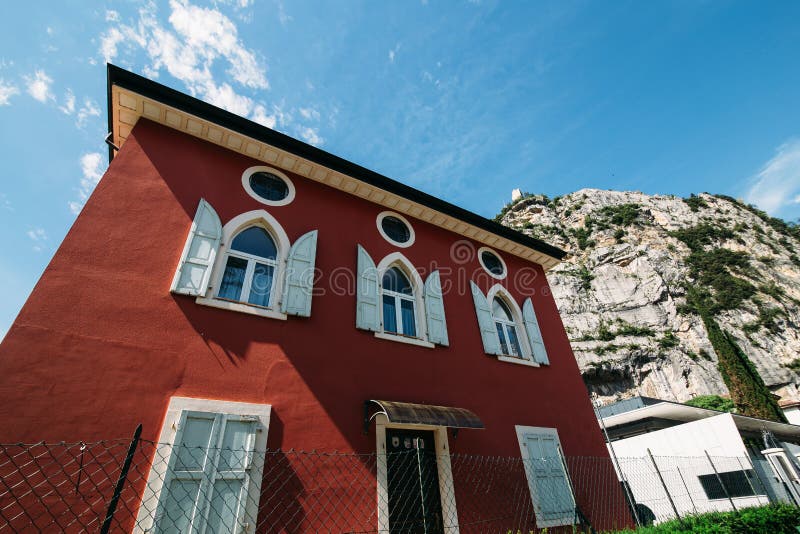 Old Red House Under the Mountain Against Stock Photo - Image of home ...