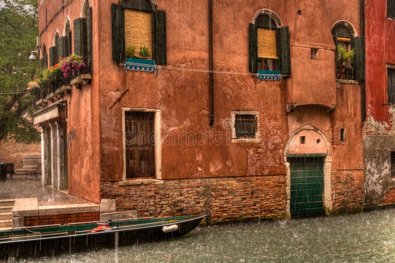 Old Red House in Venice during Rain, Italy. Stock Image - Image of ...