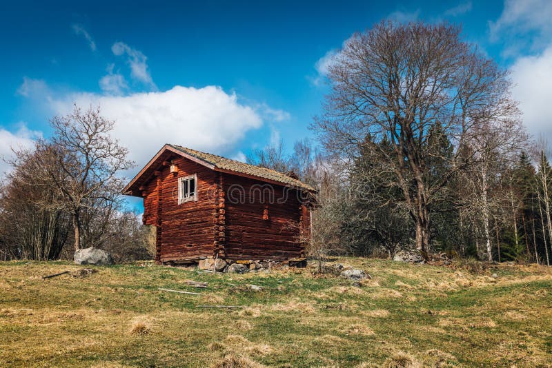Old red log cabin stock photo. Image of deserted, spring - 91172980
