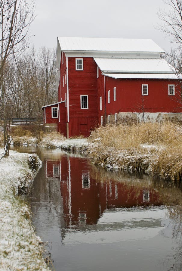 Old Red Mill on River stock photo. Image of snow, vintage - 36179044