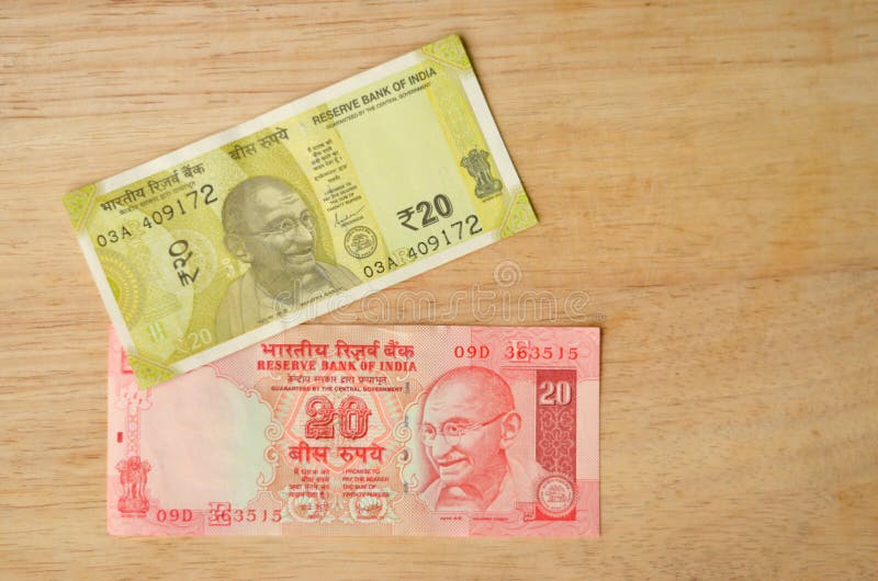 Old Red and New Yellow 20 Denomination Indian Rupees Currency Note ...