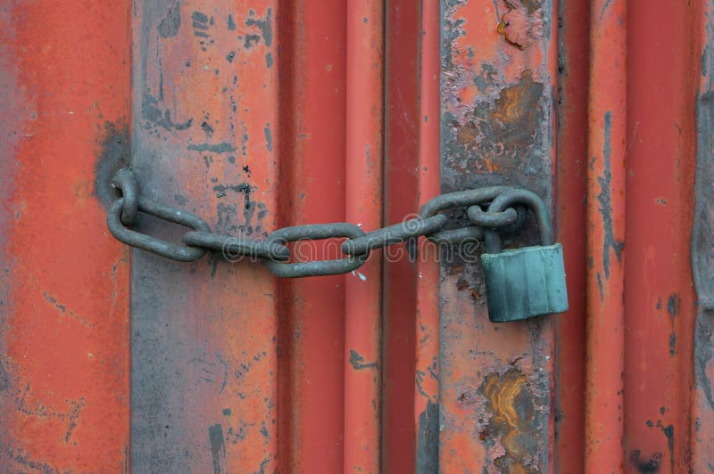 Old Red Container Door with a Lock on a Chain Stock Image - Image of ...