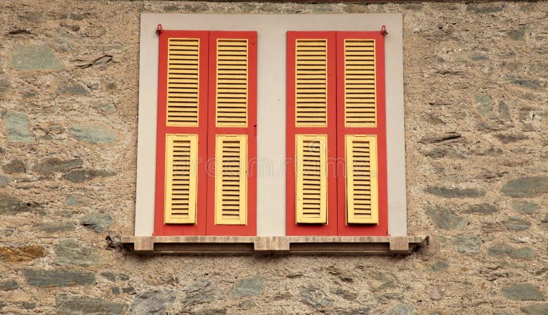 Old Red Shutter Windows in Stone House, Italy. Stock Image - Image of ...