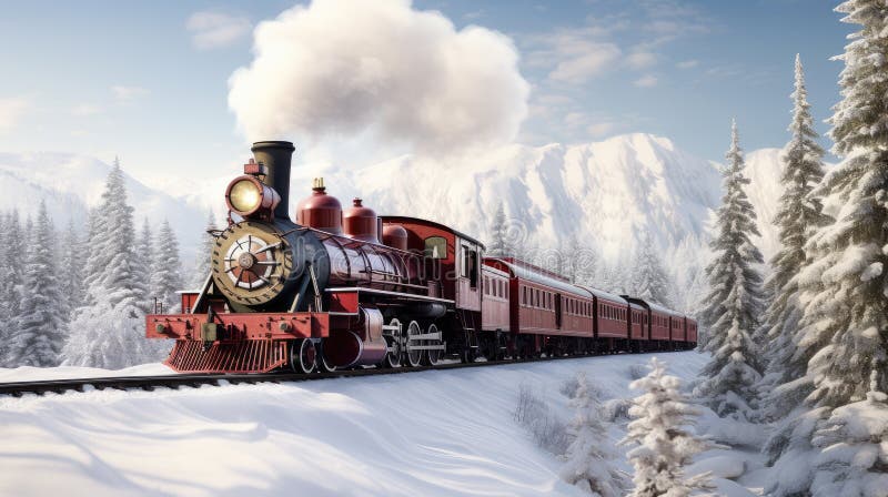 Old Red Steam Locomotive in the Snow Stock Illustration - Illustration ...