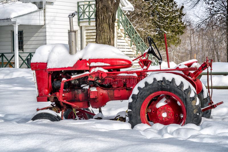 Snow Covered Rustic Farm Tractor Stock Image - Image of tools, plow ...