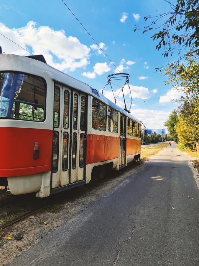 Two Tram Rides through the Autumn Forest. Top View from the Drone ...