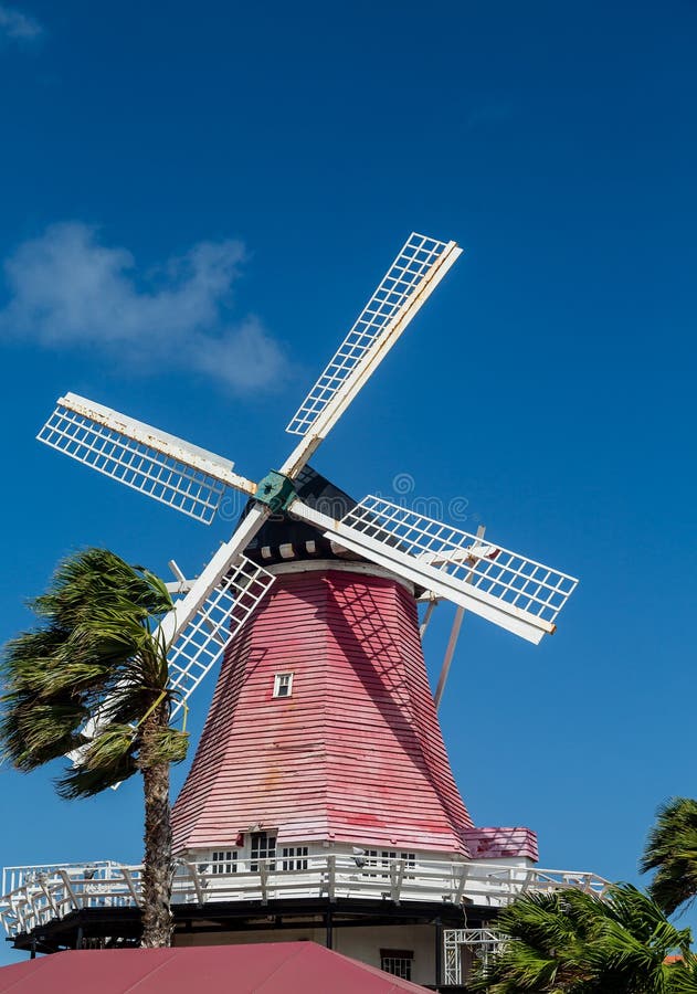 Old Red Windmill Under Blue Sky Stock Photo - Image of summer, tourist ...
