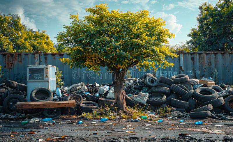 Old Refrigerator and Tree in Junkyard. a Tree Growing on Top of the ...