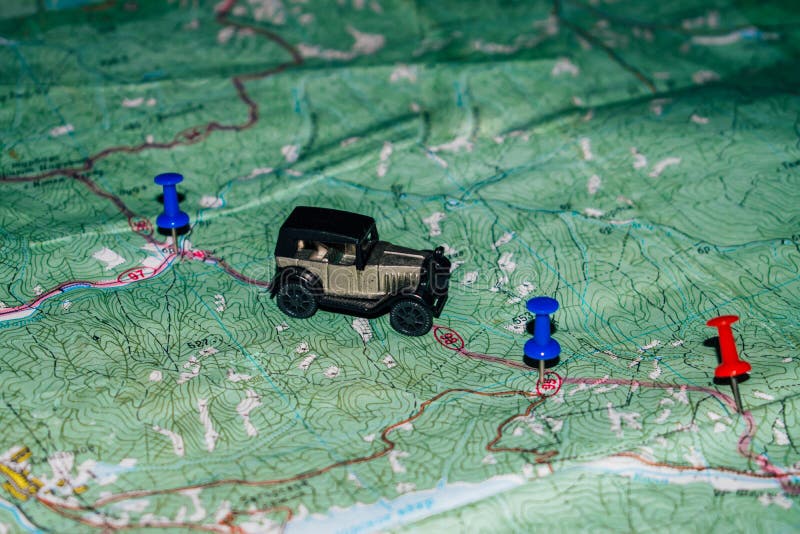 Old Retro Car Rides on the Route Marked on a Map Stock Image - Image of ...