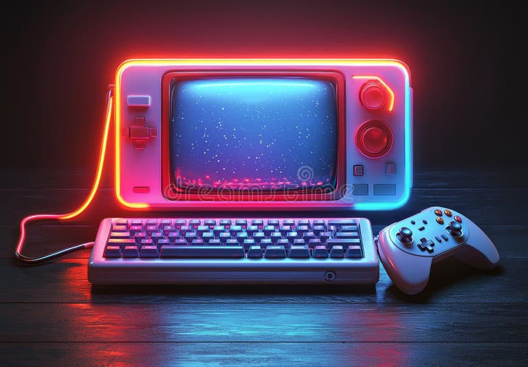 An Old Retro Computer with a Retrowave Game Example on the Screen - 3d ...