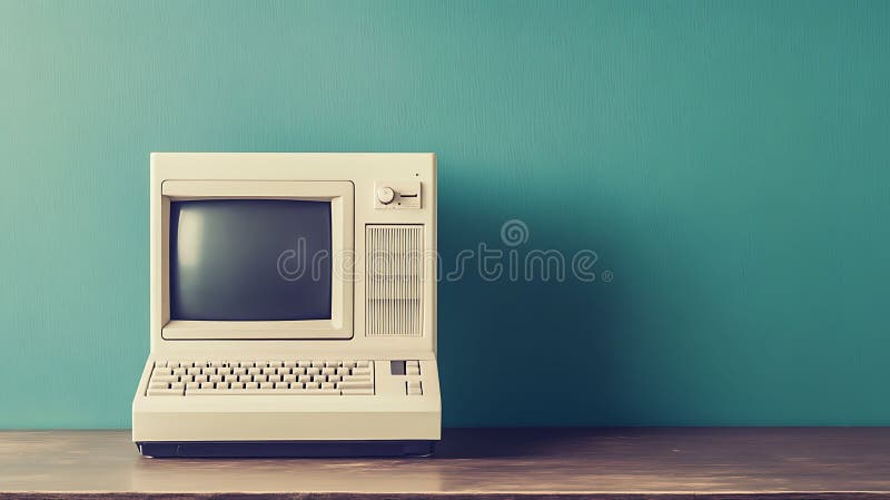 Old Retro Computer on Wooden Table with Vintage Green Wall Background ...