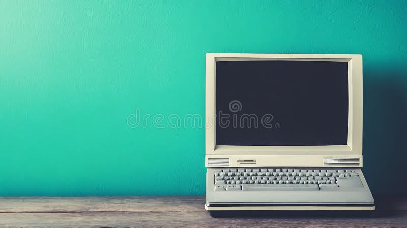 Old Retro Computer on Wooden Table with Vintage Green Wall Background ...