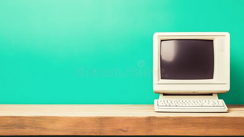 Old Retro Computer on Wooden Table with Vintage Green Wall Background ...