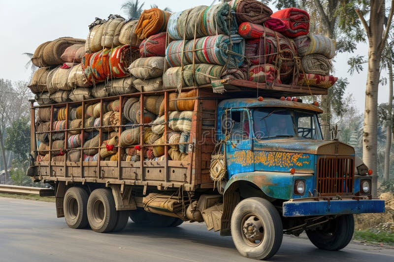 Old Retro Overloaded Truck on the Road Stock Image - Image of unload ...