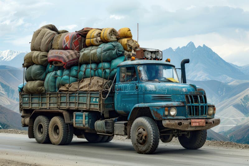 Old Retro Overloaded Truck on the Road Stock Photo - Image of ...