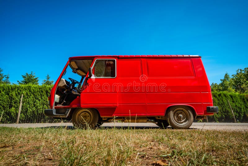 Old Retro Red Minibus on Blue Sky Background Stock Photo - Image of ...