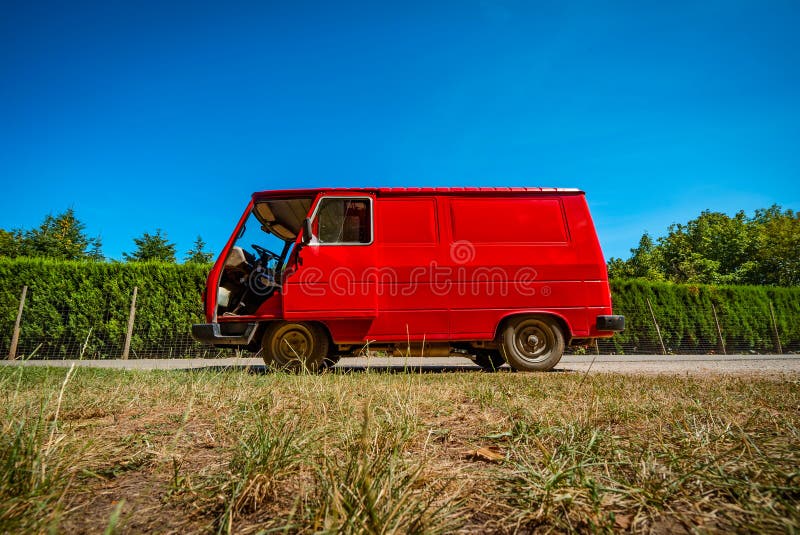 Old Retro Red Minibus on Blue Sky Background Stock Image - Image of ...