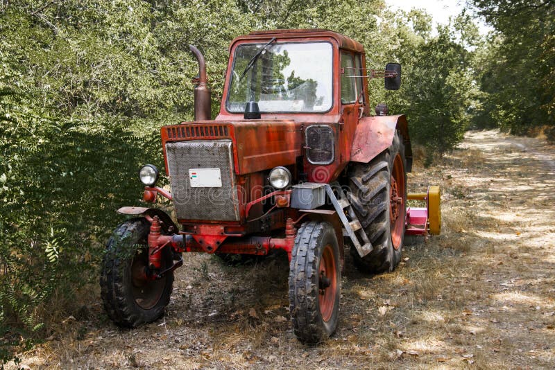 Old, Retro Red Tractor in a Forest Stock Photo - Image of working ...