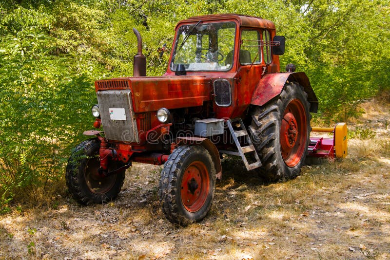 Old, Retro Red Tractor in a Forest Stock Photo - Image of technique ...