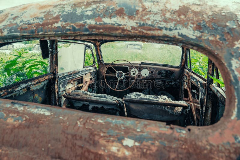 Old Retro Rusty Abandoned Car View Inside Stock Image - Image of aged ...