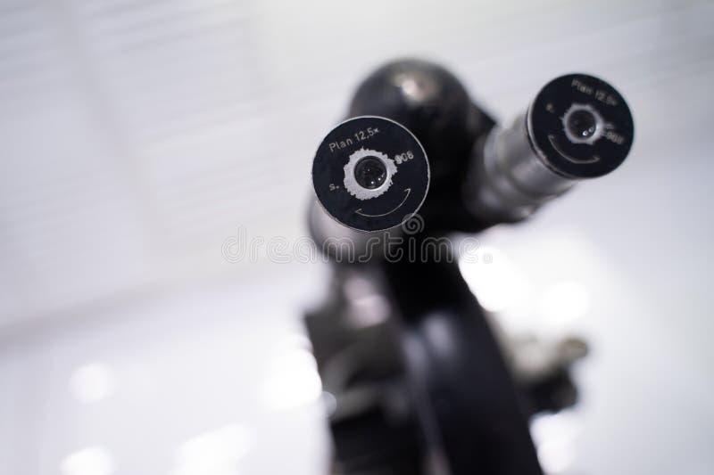 Old Retro Scientific Microscope Top View Bokeh Light Background Stock ...