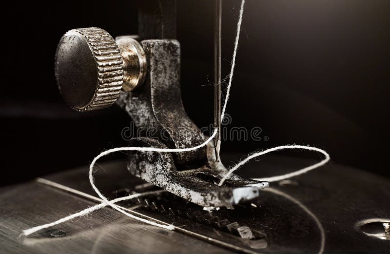 Old Retro Sewing Machine, Needle with Thread, Scissors and Thimble ...