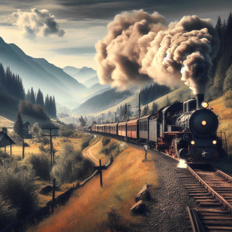 In the Mountains, a Train is Moving on a Steam Engine. AI Generated ...
