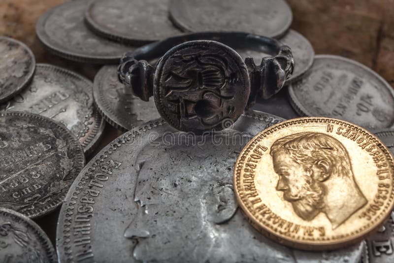 Old ring and coins stock photo. Image of empire, tsar - 62339194