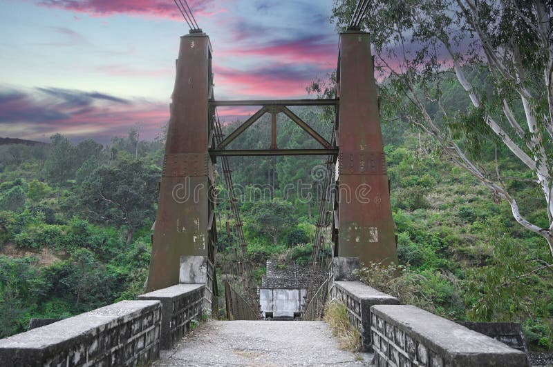 Old River Bridge Front View with Golden Sky , Greenery Stock Photo ...