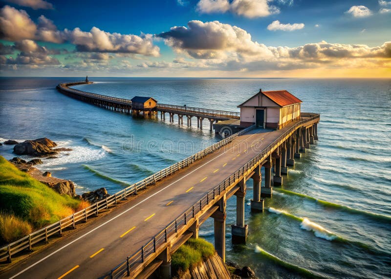 Old Road Pier Structure with Scenic View Stock Illustration ...