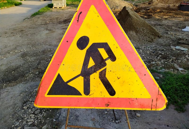 Old Road Sign Work in Progress Closeup Photo. Stock Photo - Image of ...