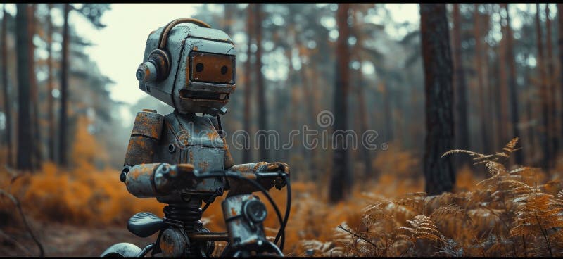An Old Robot on a Bicycle in the Forest Stock Image - Image of aged ...