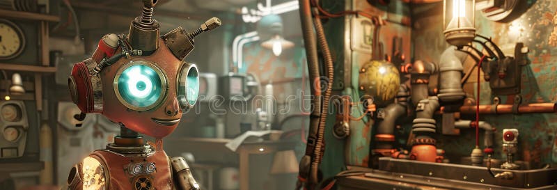 Old Robot Worker Standing in a Rusty Workshop Stock Illustration ...