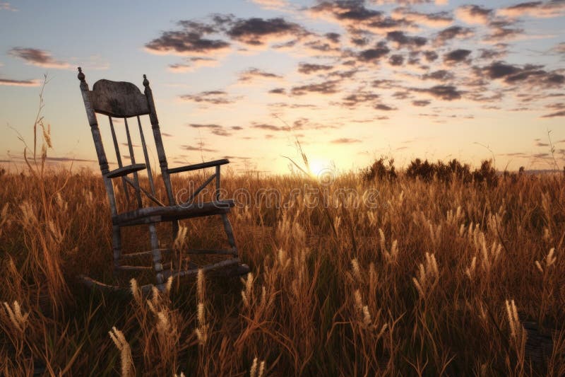 An Old Rocking Chair in a Field of Tall Grass, with the Setting Sun in ...