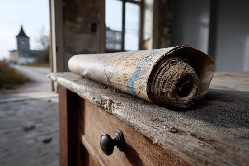 Old Rolled Map Placed on a Weathered Wooden Surface in an Abandoned ...