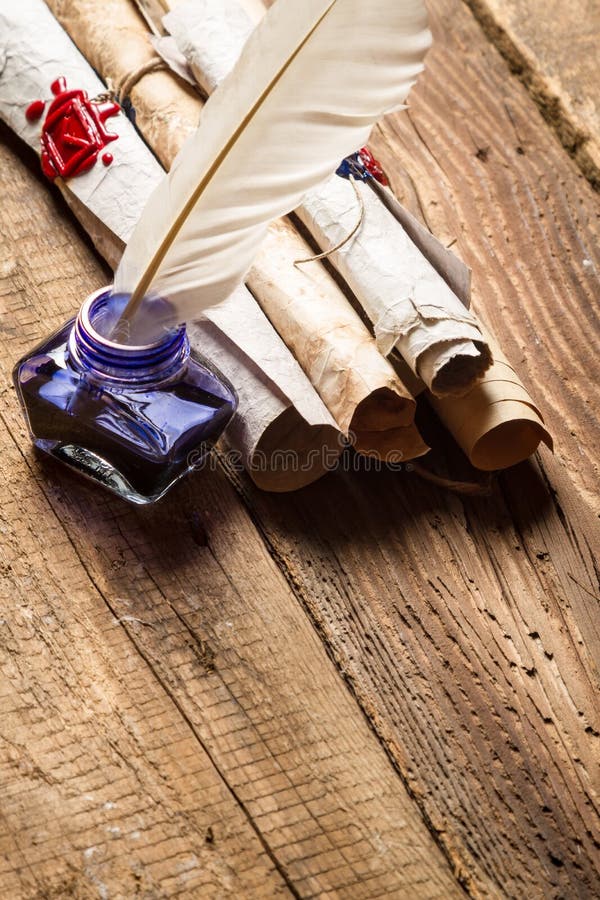 Old Rolls of Paper and Blue Ink in the Inkwell Stock Image - Image of ...