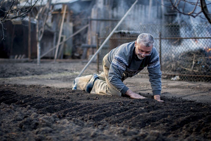 Old Romanian Man Working His Land in a Traditional Way with Empty Hands ...