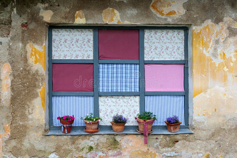 Old Romantic Windows with Flowerpots Stock Image - Image of rural ...
