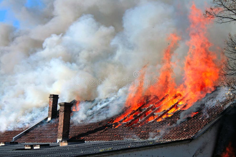 Old roof on fire stock image. Image of disaster, burn - 6681435