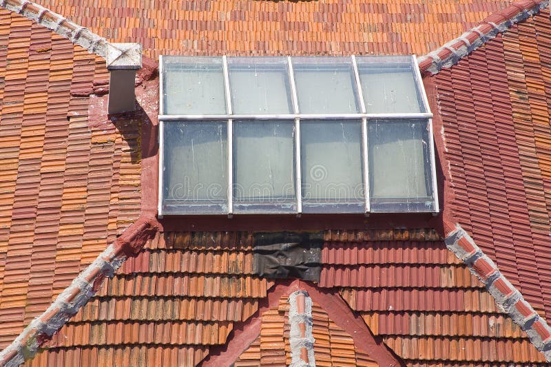 Old Roof with Tile Called Marseilles and Skylight with Chimney Stock ...