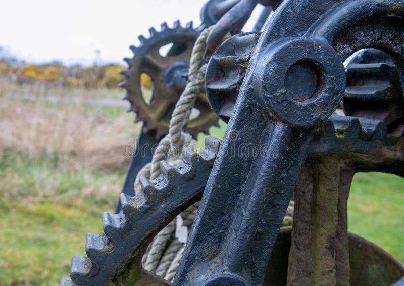 Old Rope Winch Machine with Large Cogwheels Stock Photo - Image of ...