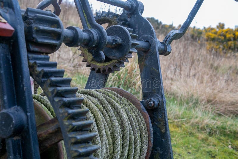 Old Rope Winch Machine with Large Cogwheels Stock Photo - Image of ...