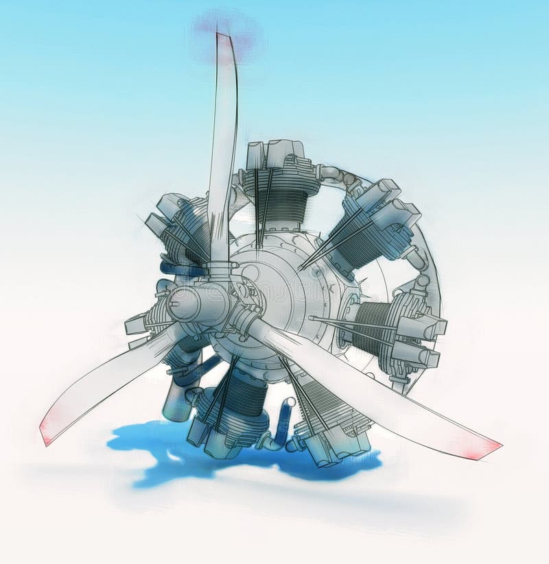 Old Rotary Circular Aircraft Engine with Propeller. the Illustration is ...