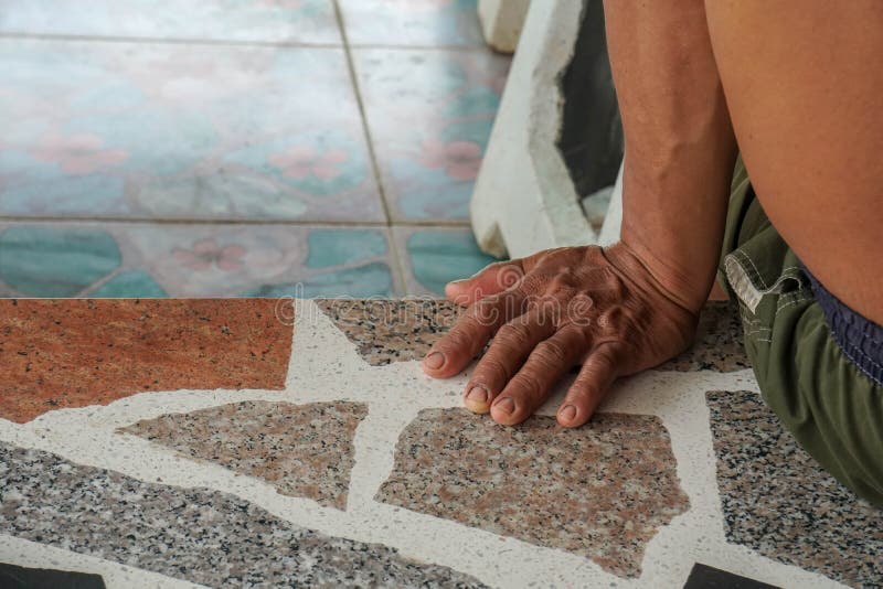 Old Rough Men Left Hand Sit on the Cement Bench Stock Photo - Image of ...
