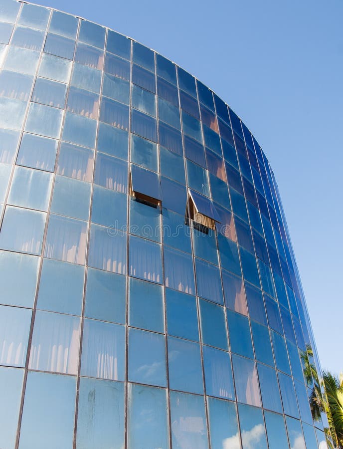 Open Windows in Round Blue Glass Building Stock Photo - Image of glass ...