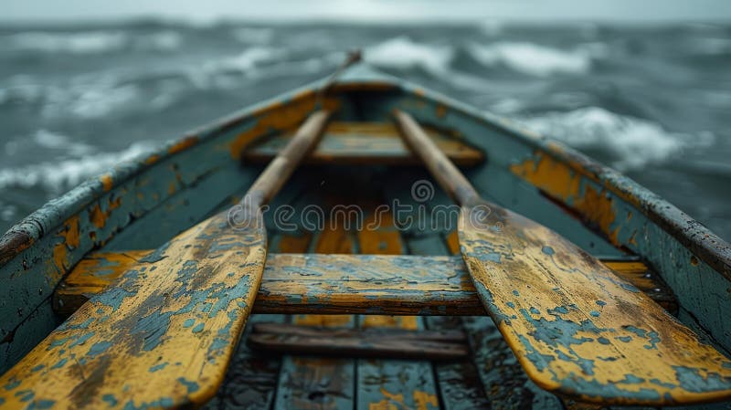 An Old Rowboat with Oars in Rough, Stormy Seas. Stock Image - Image of ...
