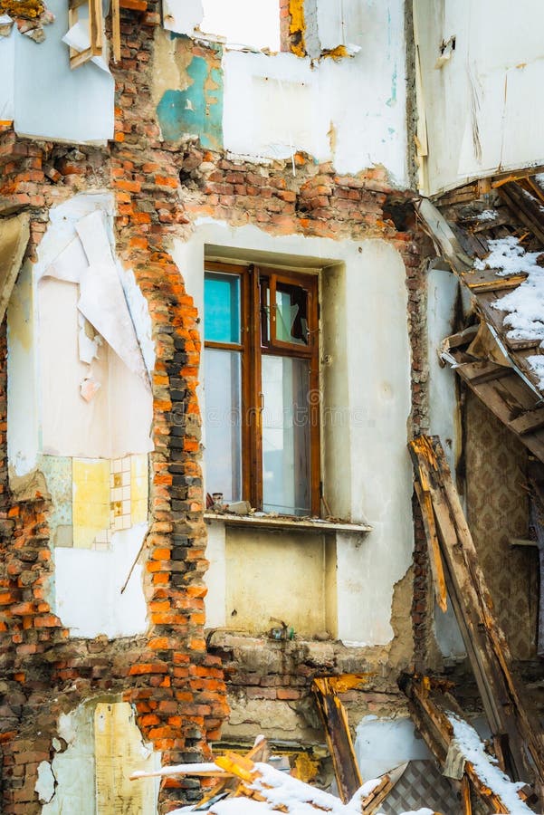 An Old Ruined Building in a Snowfall Stock Image - Image of broken ...