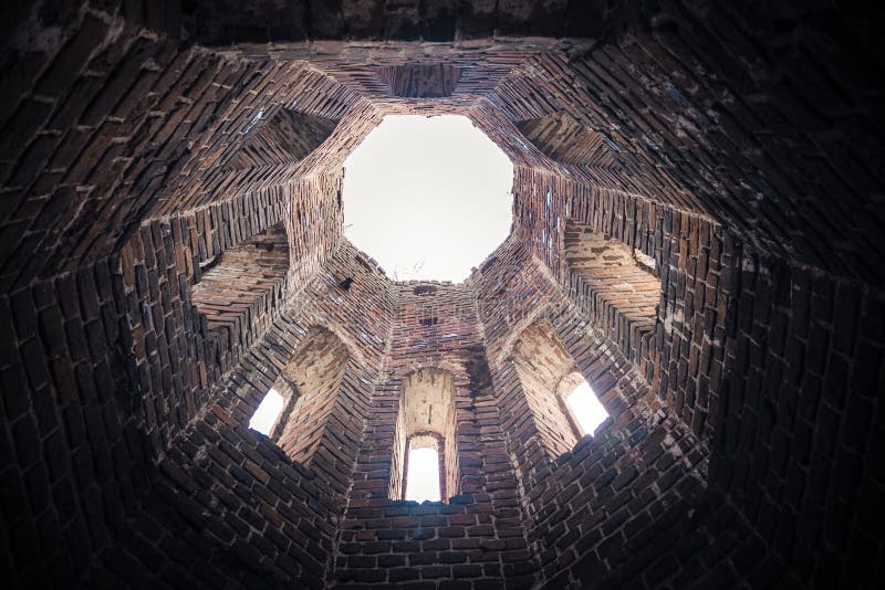 Old Ruined Castle Tower. Bottom View from Inside, Looking Up in Tower ...